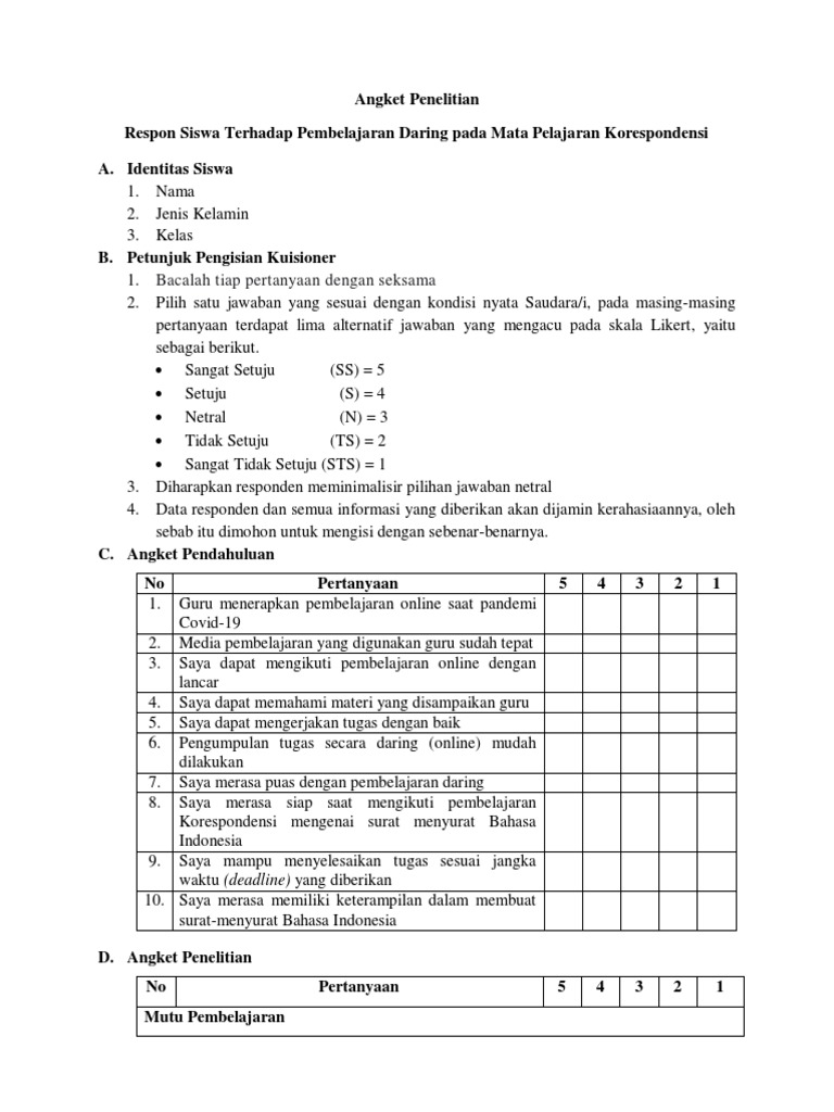 Contoh Angket Skala Likert | PDF