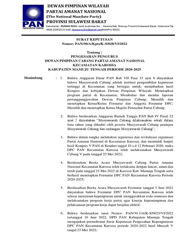 Pengesahan Pengurus DPC PAN Karossa 2022 | PDF