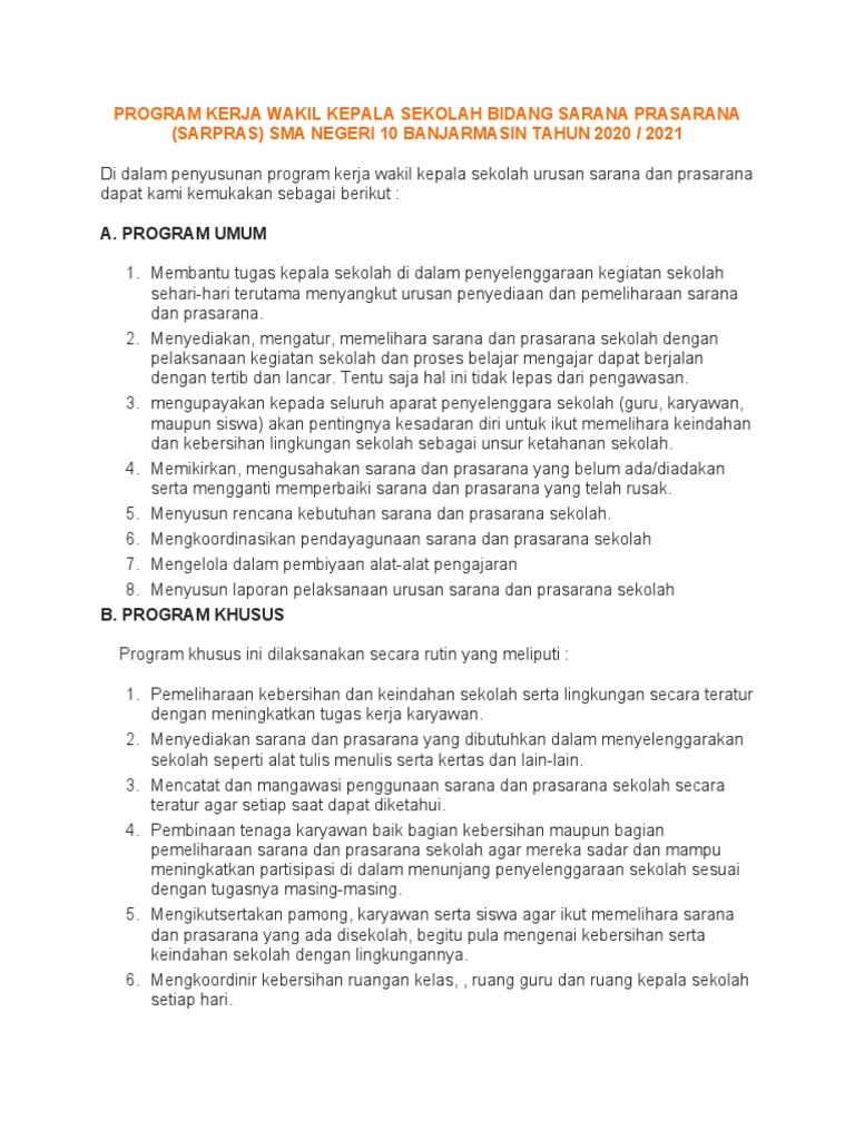 Program Sarpras SMA 10 Banjarmasin 2020/21 | PDF