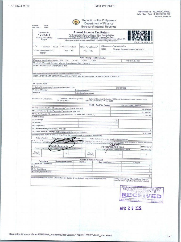 Annual Income Tax Return and Afs 2021 | PDF