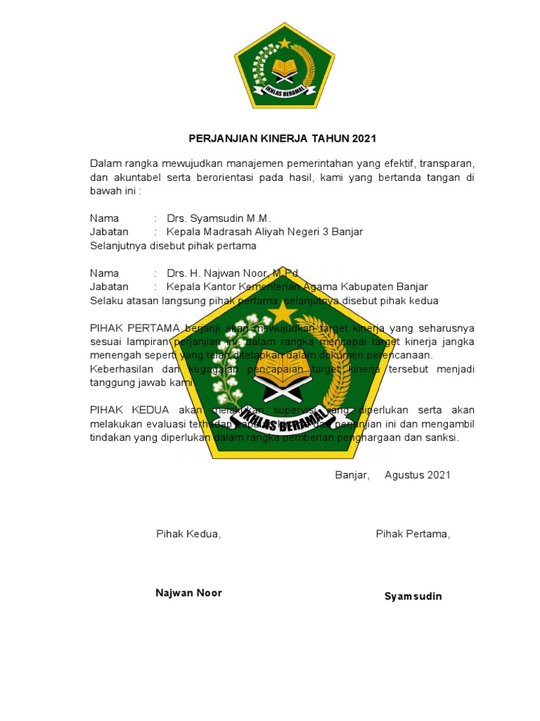 2021 Perjanjian Kinerja Madrasah 2021 5P MAN 3 BANJAR Target BARU 18 ...
