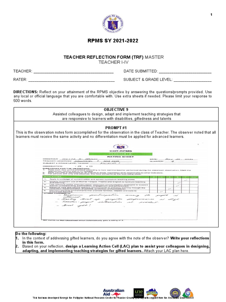 (Appendix 4B) Teacher Reflection Form For MT I-IV For RPMS SY 2021-2022 ...