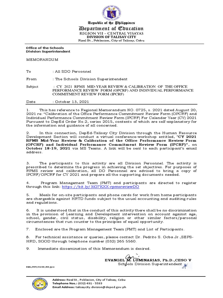 Unnumbered Memo for Rpms Review as Od 0927 (1) | PDF | Communication