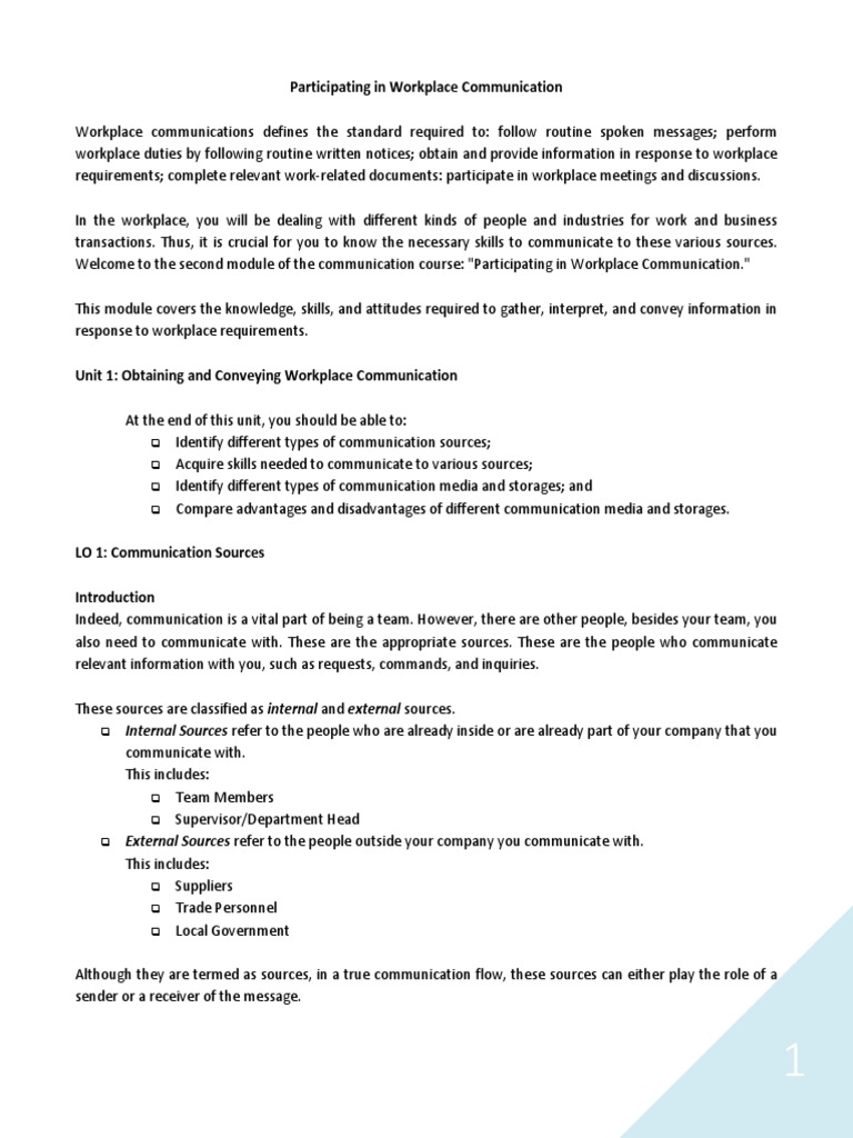 Basic Competency 1 - Participating in Workplace Communication | PDF ...