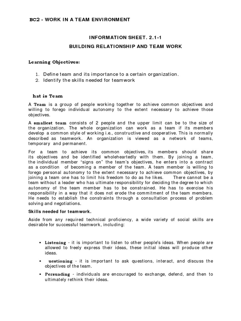 Basic Competency 2 - Work in A Team Environment | PDF | Nonverbal Communication | Communication