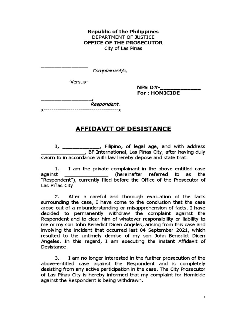 AFFIDAVIT OF DESISTANCE Criminal Case | PDF | Affidavit | Prosecutor
