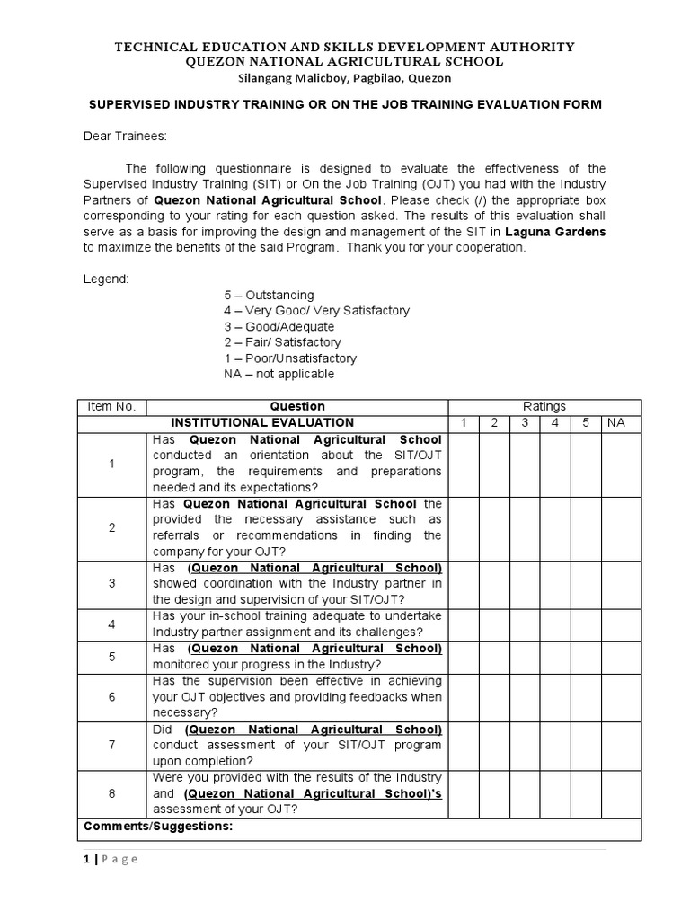 Supervised Industry Training or On The Job Training Evaluation Form ...