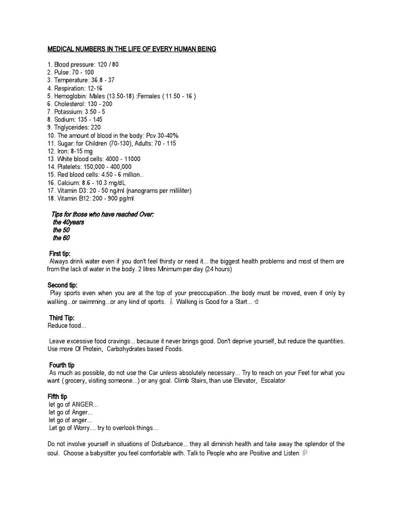Medical Numbers in The Life of Every Human Being | PDF | Blood | Water