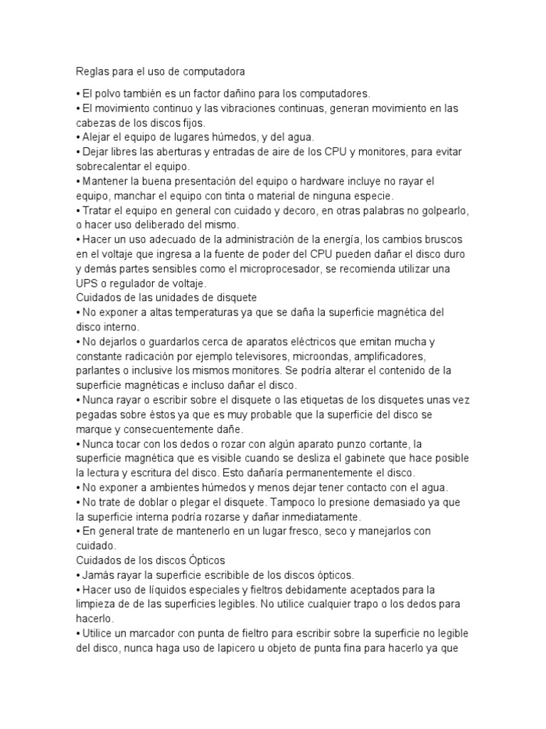 Reglas para El Uso de Computadora | PDF | Hardware de la computadora ...