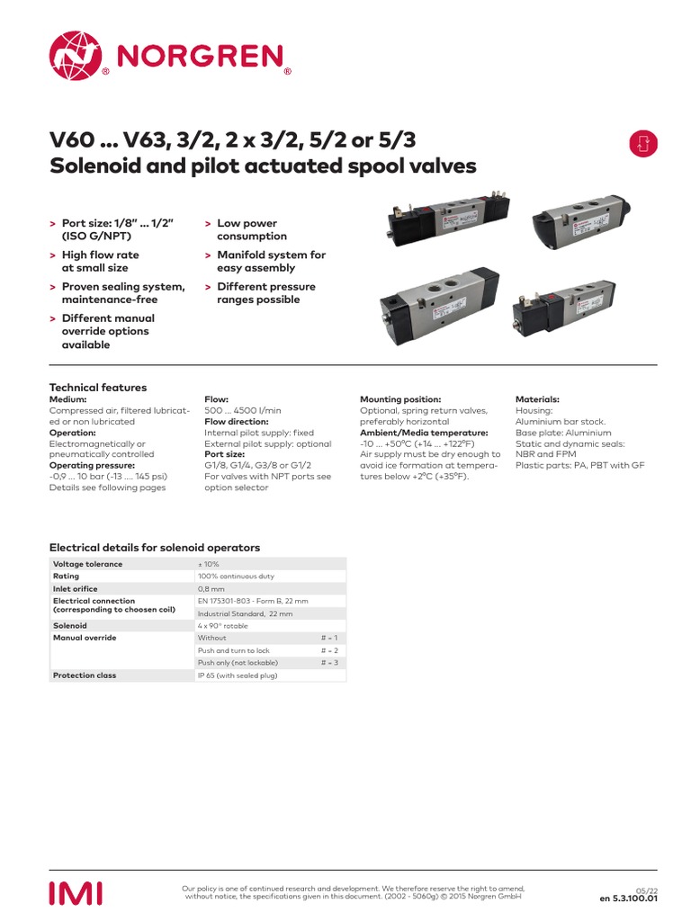 V60 ... V63, 3/2, 2 X 3/2, 5/2 or 5/3 Solenoid and Pilot Actuated Spool ...