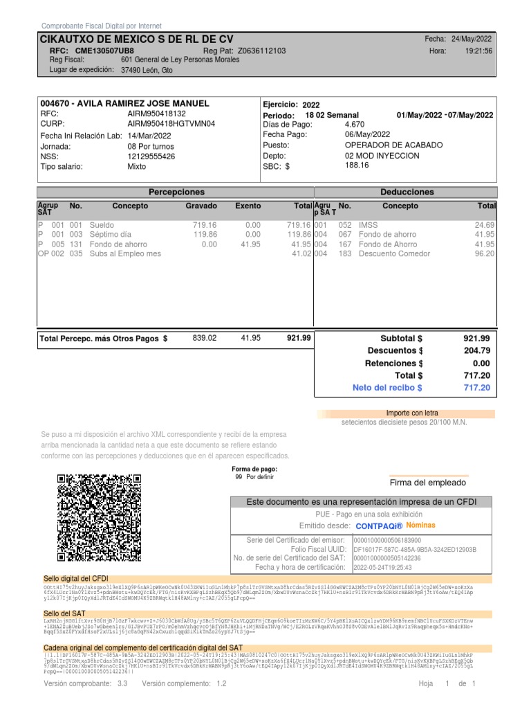 Cikautxo de Mexico S de RL de CV: 004670 - Avila Ramirez Jose Manuel | PDF