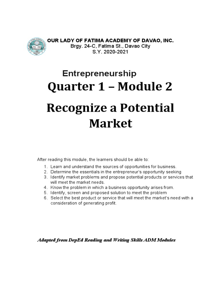 Entrepreneurship Mod2 Recognize A Potential Market | PDF ...