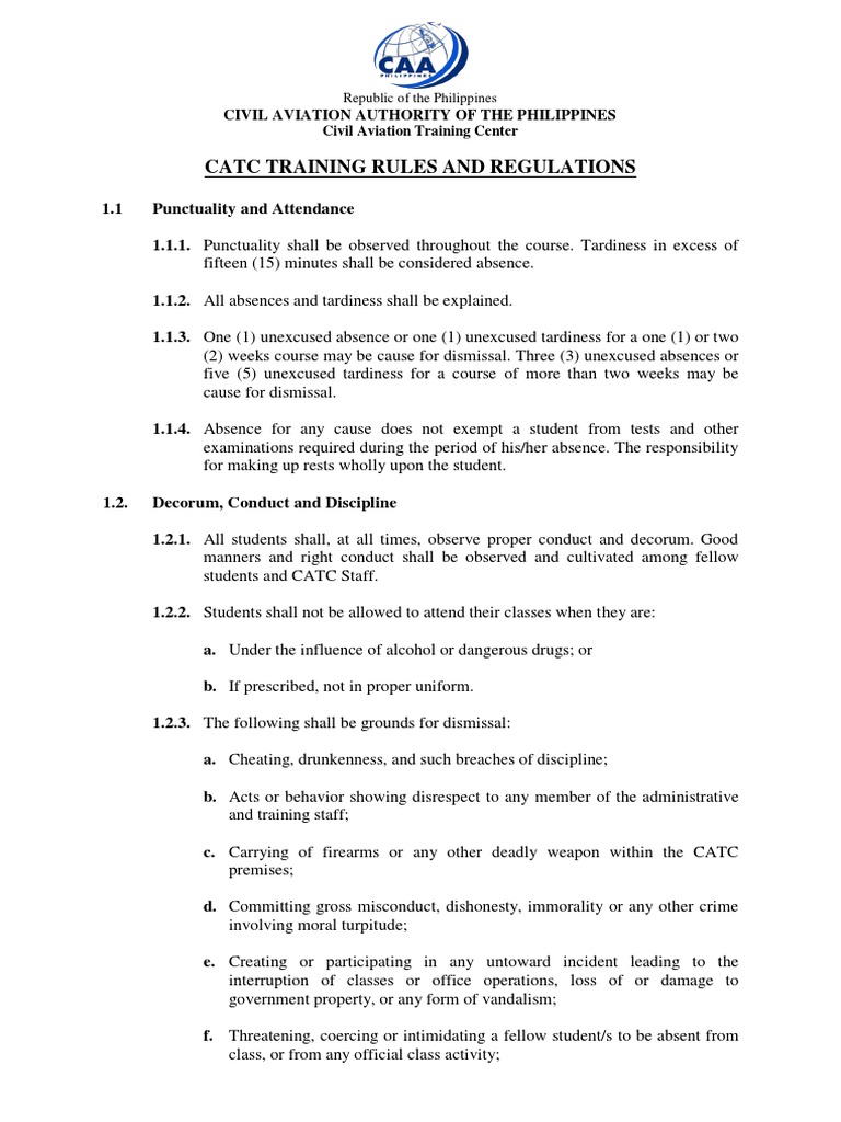 CATC TRAINING RULES AND REGULATIONS (For All) | PDF | Government | Justice