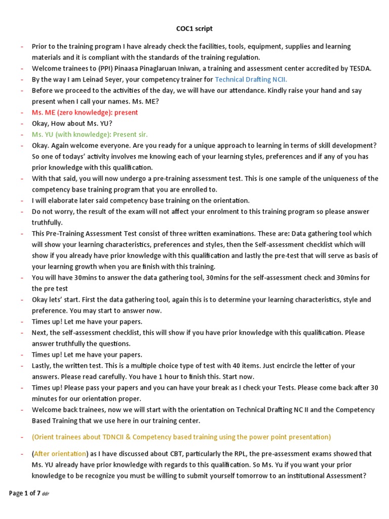 PapaDan COC 1 DTS Script 2016 | PDF | Educational Assessment | Multiple Choice