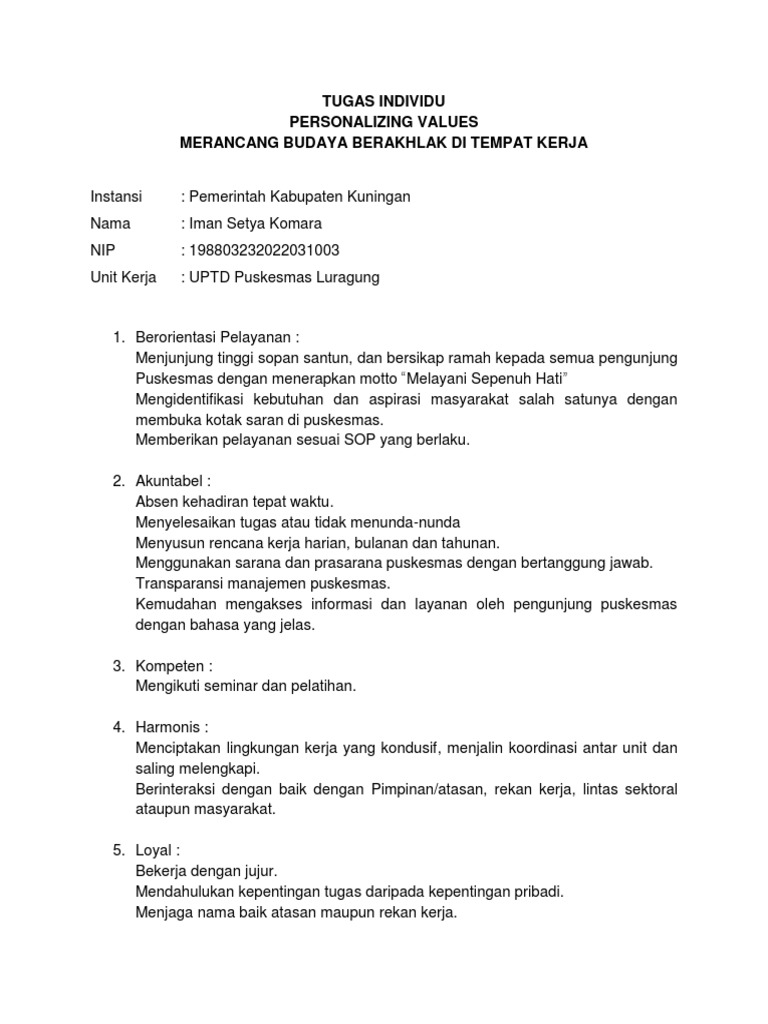 Tugas Personalizing Values Merancang Budaya Berakhlak | PDF