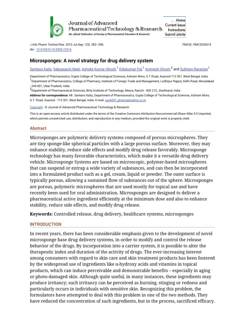 Microsponges: A Novel Strategy For Drug Delivery System | PDF | Topical ...