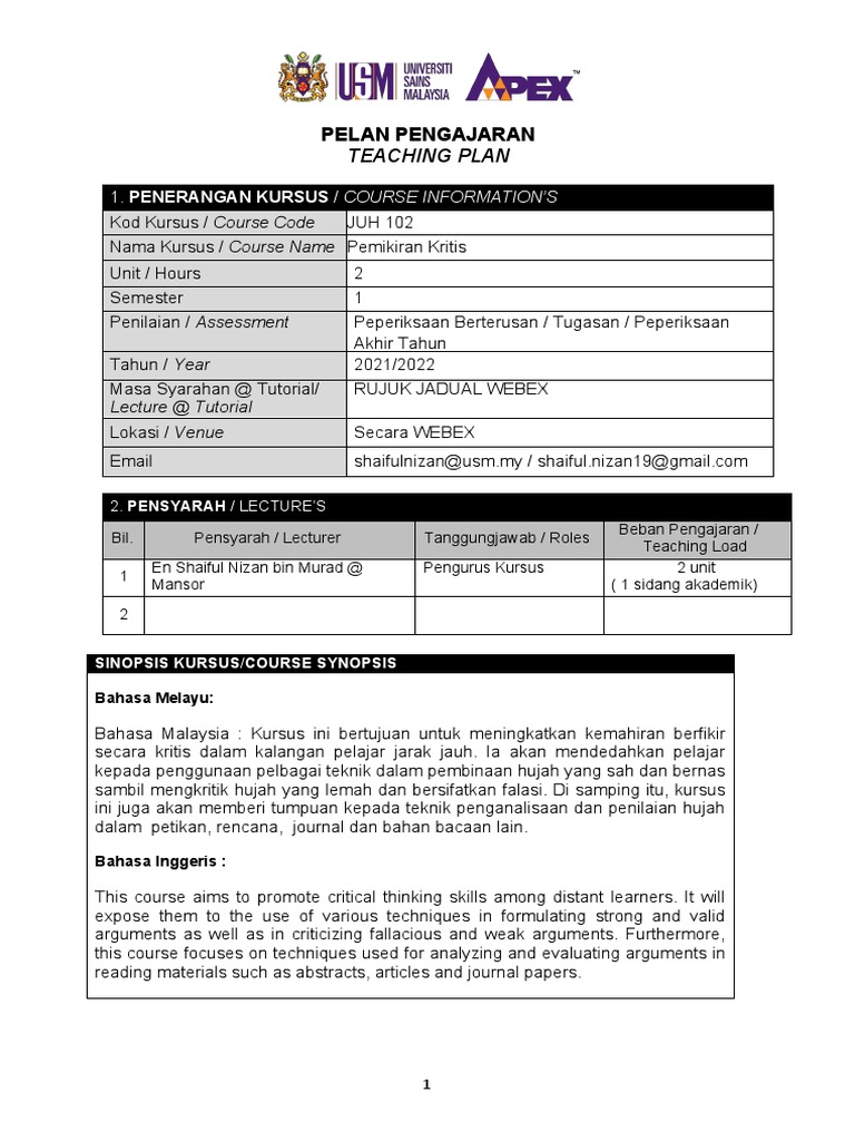 Pelan Pengajian JUH102 | PDF