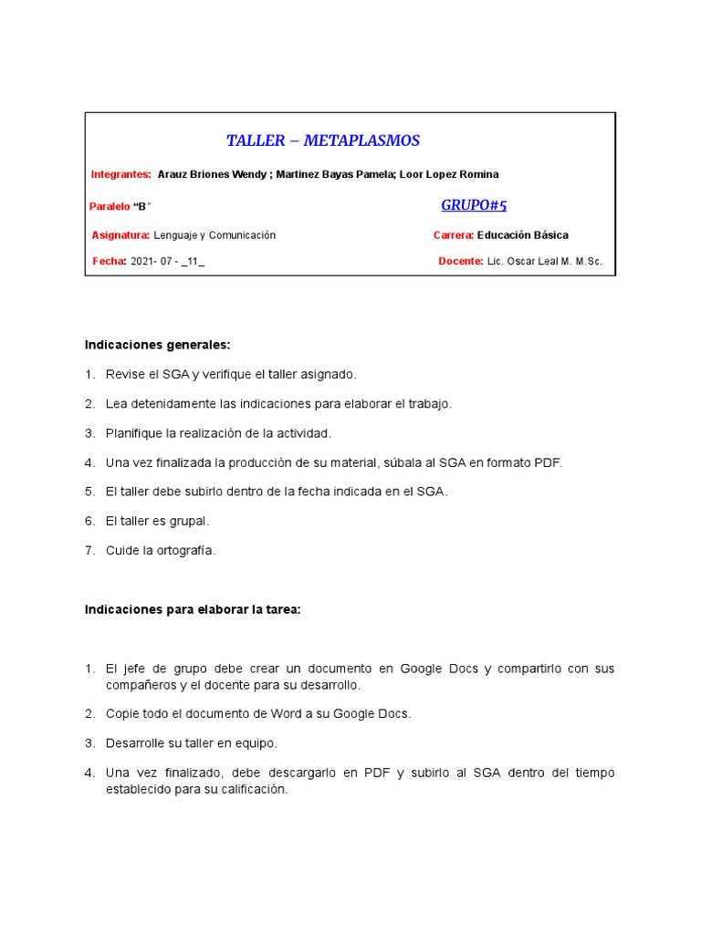 Taller - Metaplasmos | PDF | Ciencia cognitiva | Comunicación oral