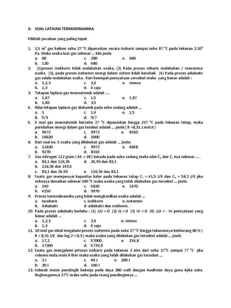 Soal Latihan Termodinamika | PDF
