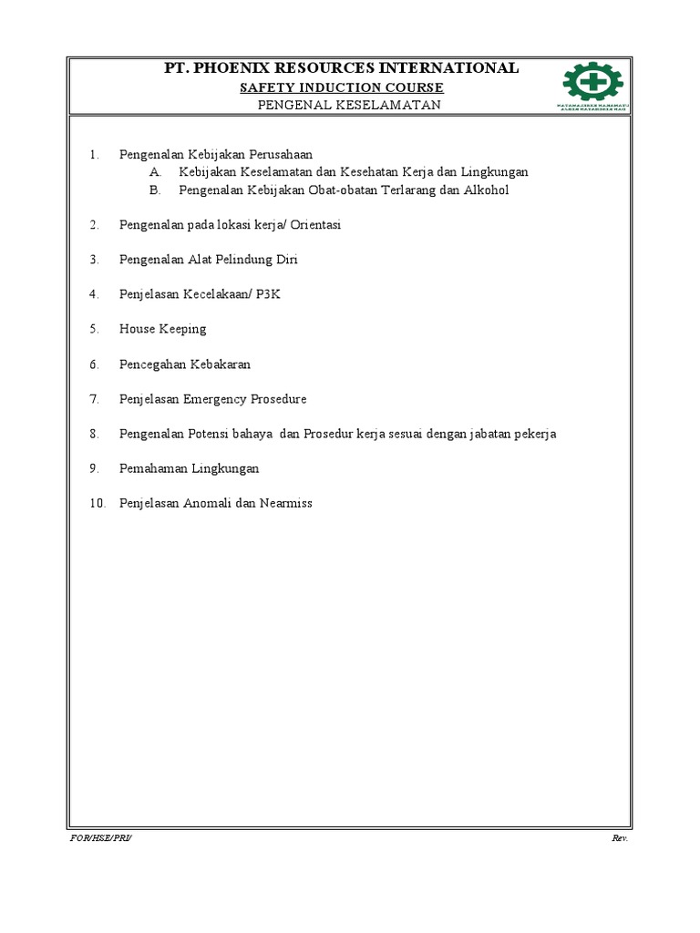 FORM-HSE - Induction New Employee Fix | PDF