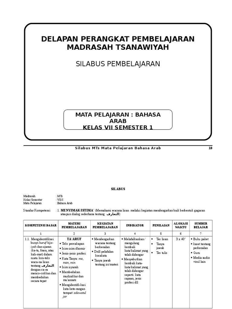 Silabus Bhasa Arab Kelas 7 | PDF