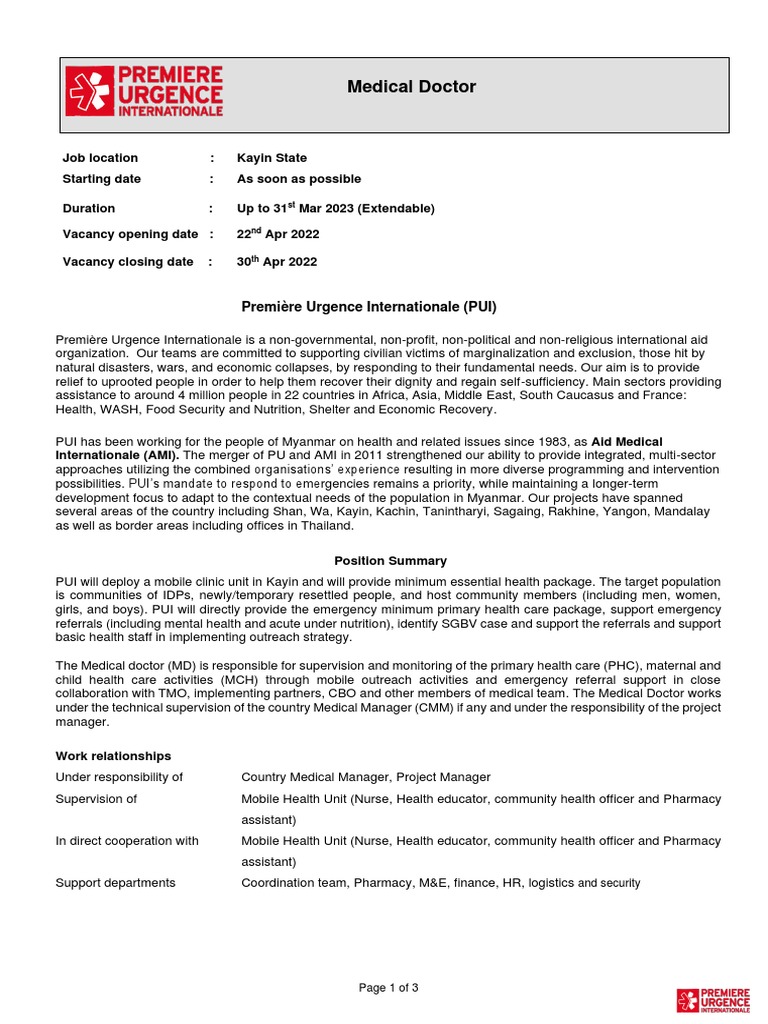 Medical Doctor: Première Urgence Internationale (PUI) | PDF | Pharmacy ...
