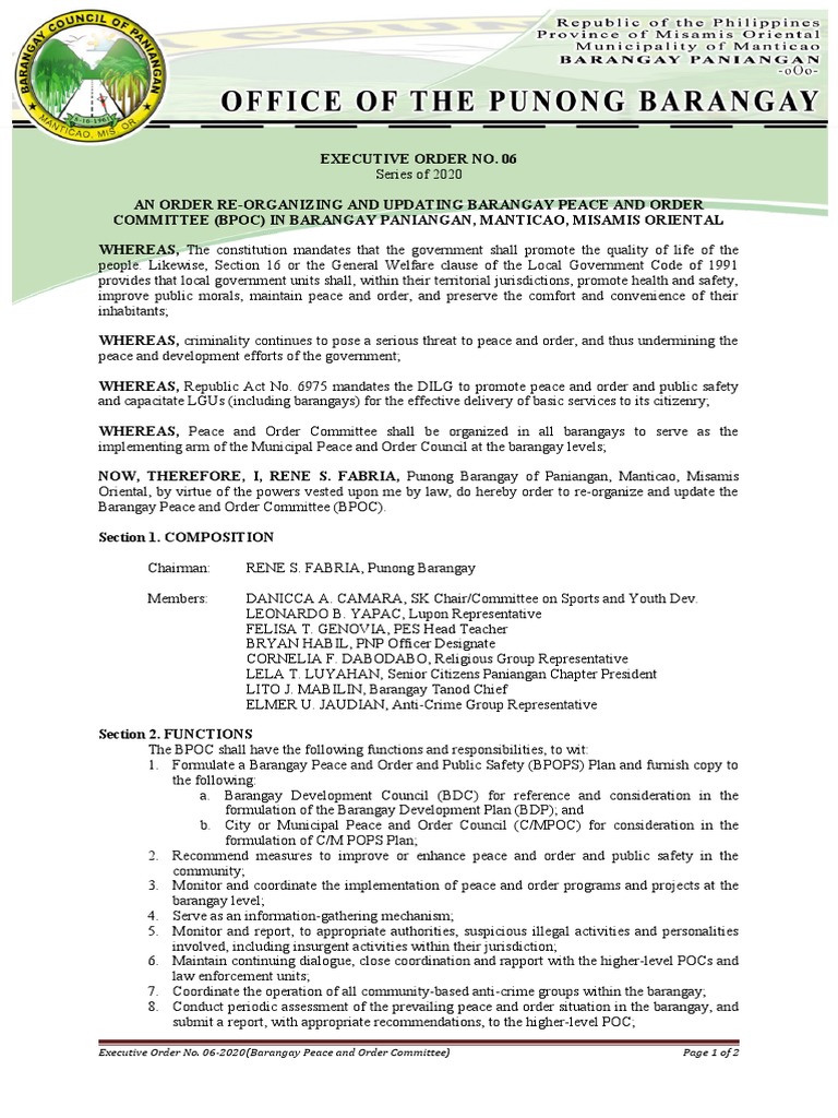 Eo No. 06-2020 (Bpoc) Updated | PDF | Government | Crime & Violence