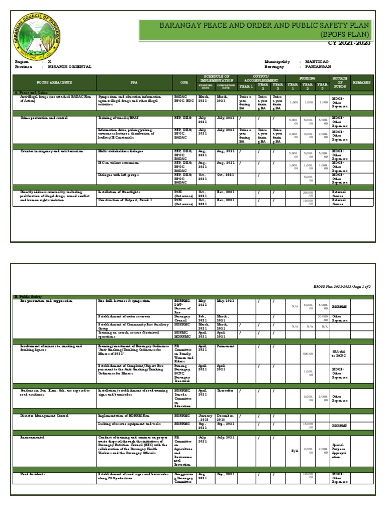 Barangay Peace and Order and Public Safety Plan (Bpops Plan) | PDF ...