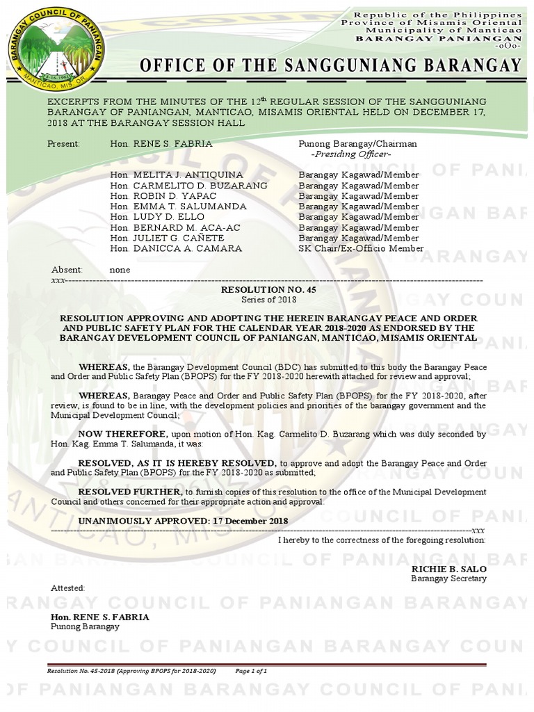 SB Reso (Approval of BPOPS) | PDF