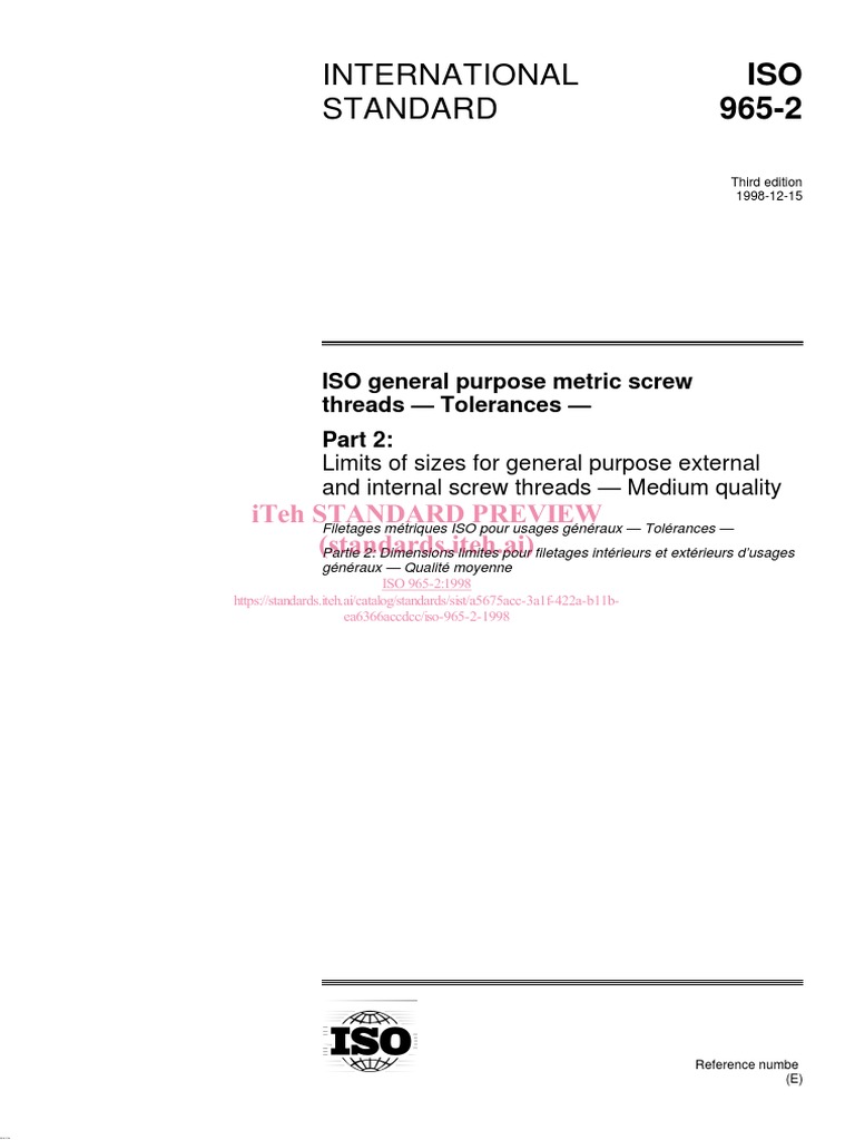 Iso 965 2 1998 | PDF | Screw | International Organization For Standardization