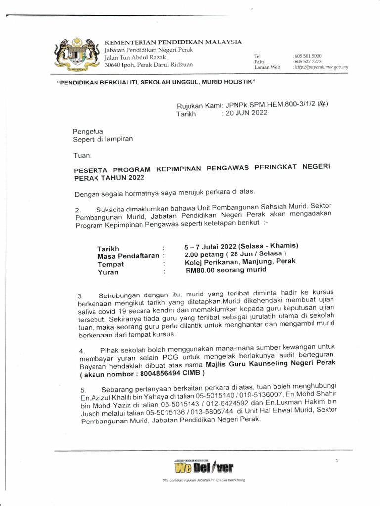 Program Kepimpinan Pengawas Peringkat Negeri Perak 2022 | PDF