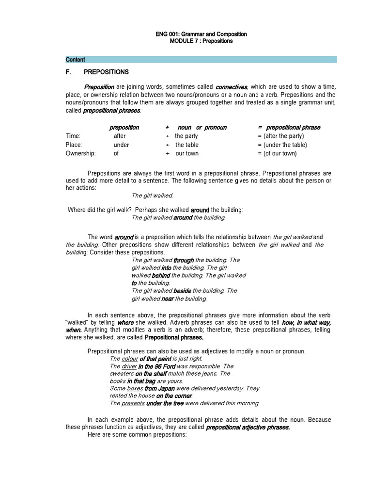 MODULE 7 - Prepositions | PDF | Preposition And Postposition | English ...