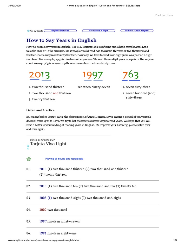 How To Say Years in English - Listen and Pronounce - ESL Learners | PDF ...