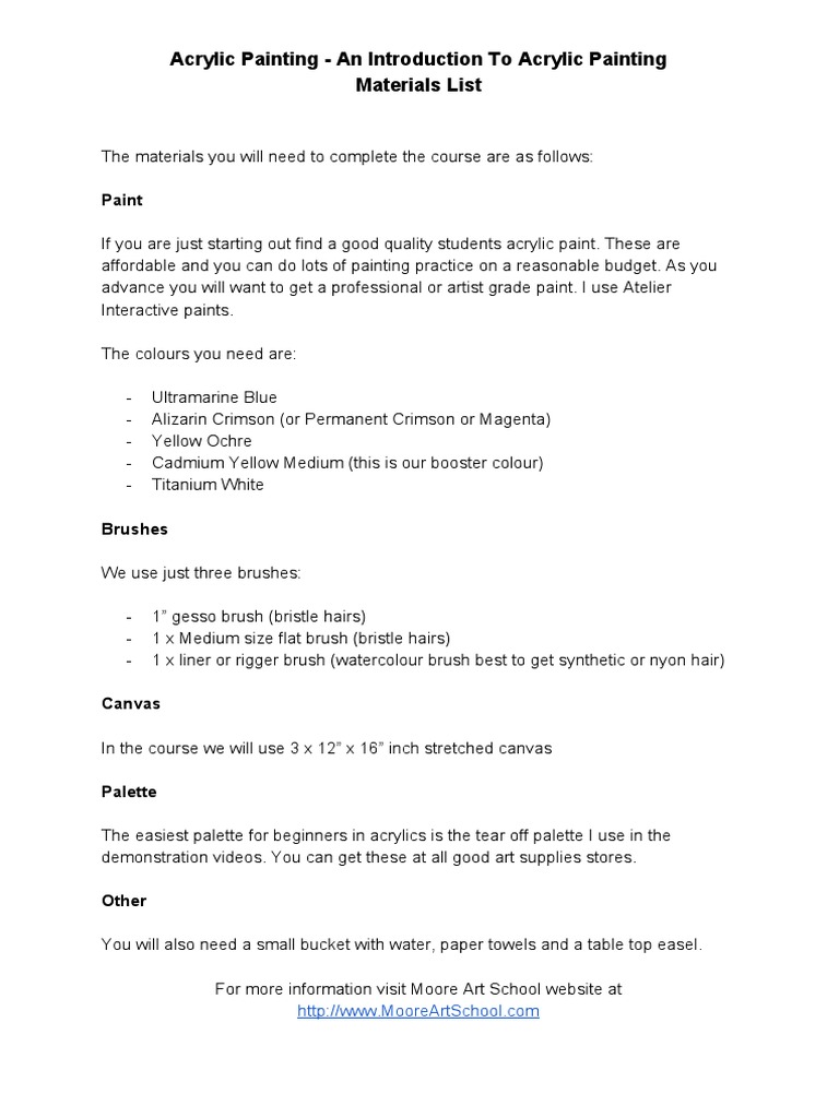 Acrylic Painting - An Introduction To Acrylic Painting Materials List | PDF