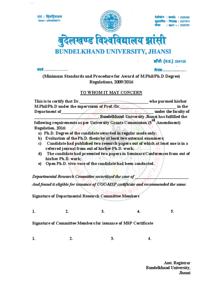 (Minimum Standards and Procedure For Award of M.Phil/Ph.D Degree) Regulations, 2009/2016 | PDF