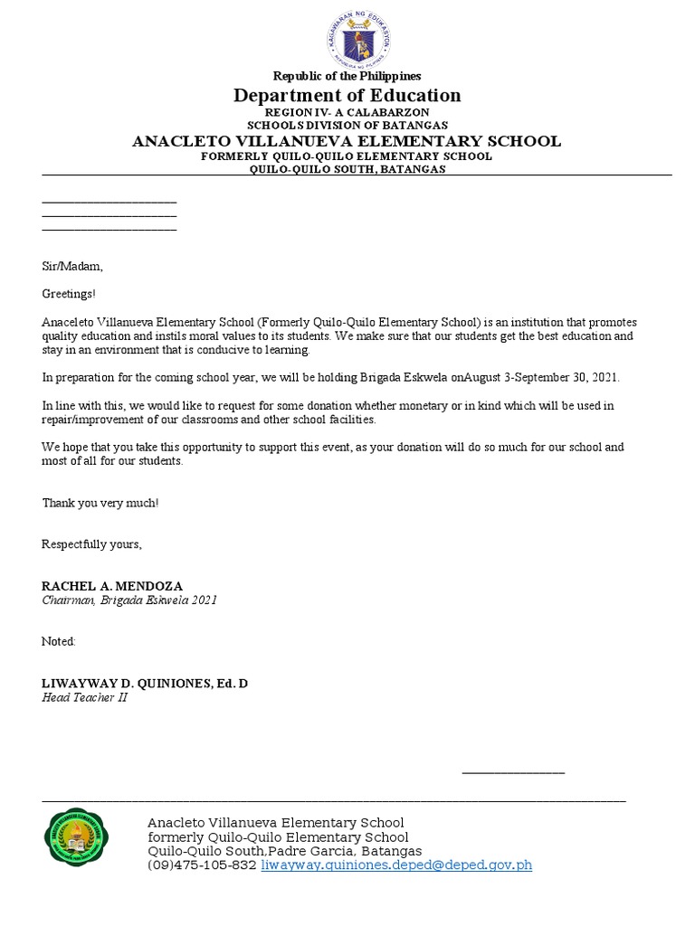Brigada Eskwela Solicitation Letter 2021 | PDF | Social Institutions