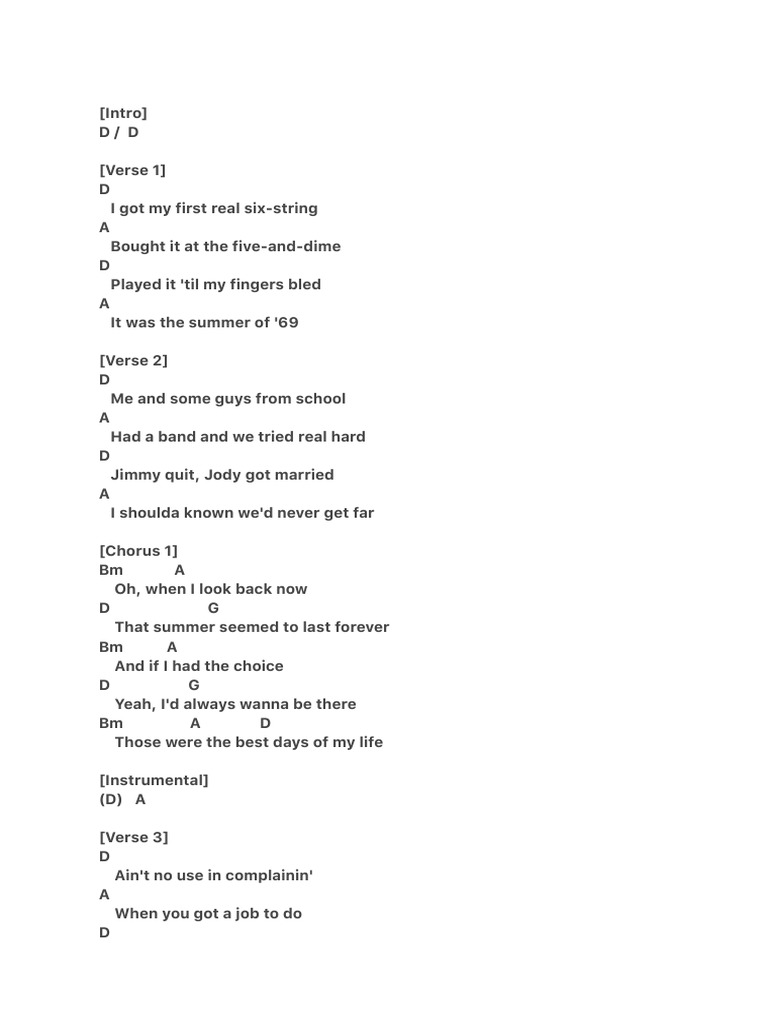 Summer of 69 Guitar Chords | PDF