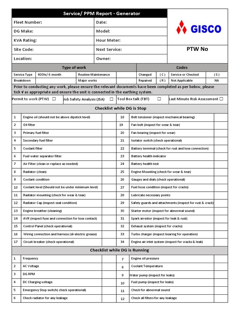 Service/ PPM Report - Generator: PTW No | PDF | Radiator | Wear