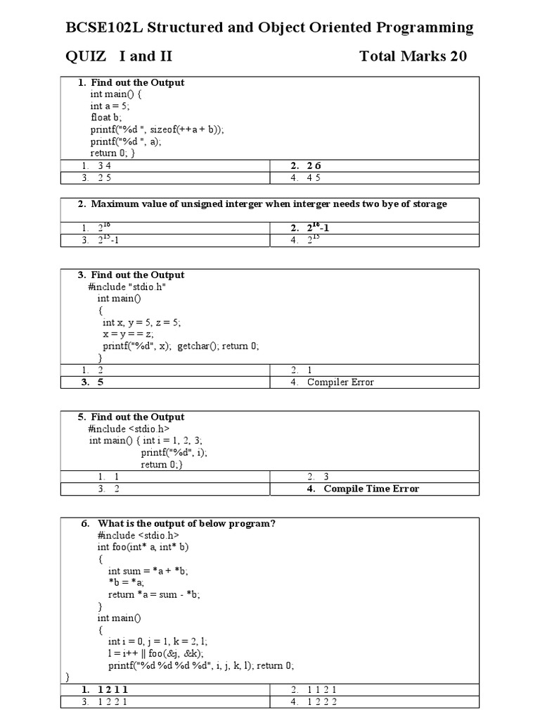 Winsem2021-22 Bcse102l TH Vl2021220504676 Da-2 Quiz-1 QP Key Quiz ...