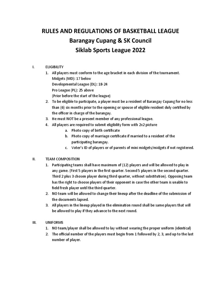 Barangay Basketball League Regulations | PDF | Sports | Sports Rules ...