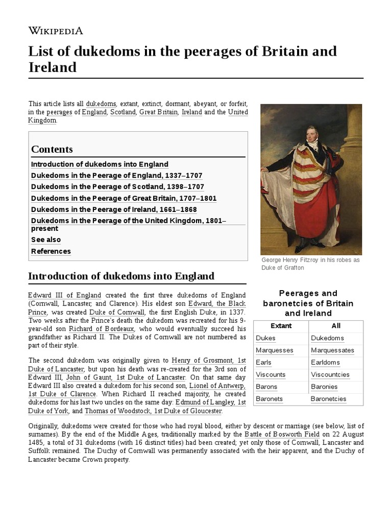 List of Dukedoms in The Peerages of Britain and Ireland (Wikipedia ...