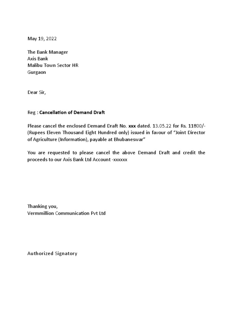 DD Cancel Letter | PDF | Finance & Money Management