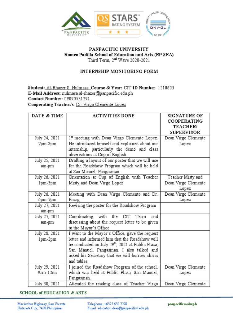 Student Internship MONITORING FORM | PDF | Lesson Plan | Communication
