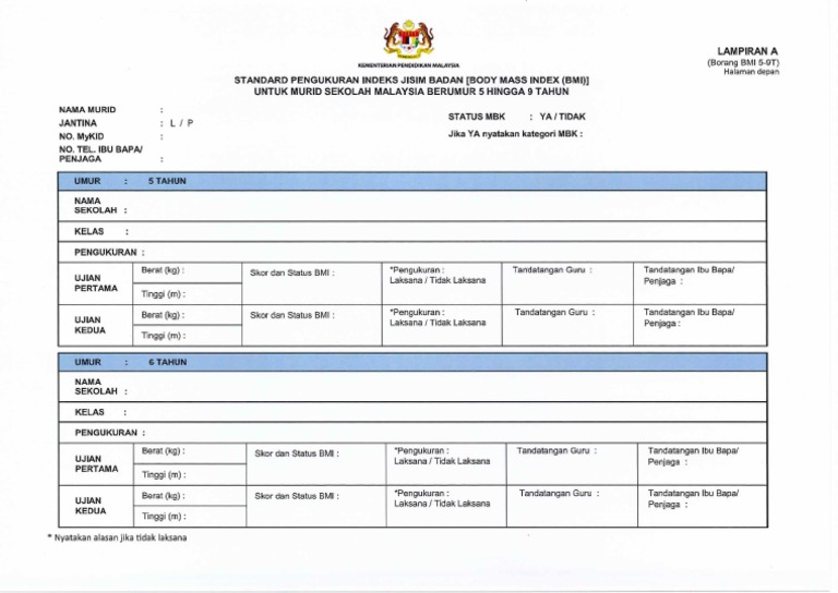 Borang Pelaporan BMI 5 - 9 Tahun | PDF