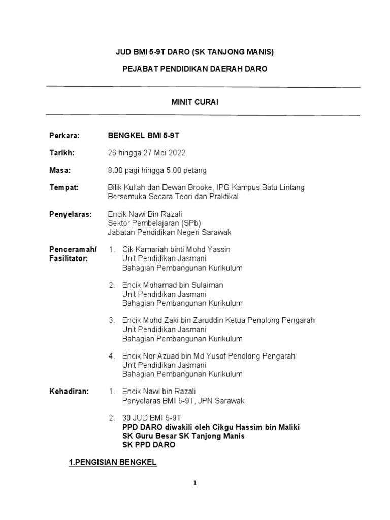 Daro - Minit Curai Bengkel Bmi 5-9t | PDF