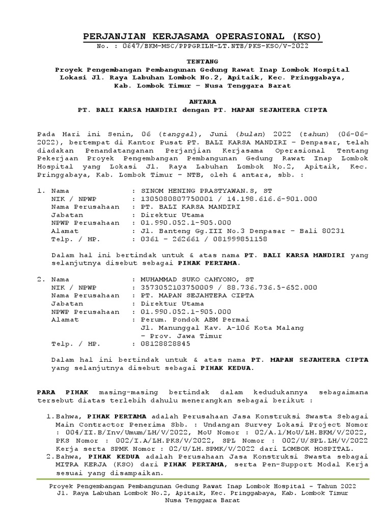 647.OK - 06062022 - Perjanjian KSO - Proyek Pengembangan Pembangunan ...