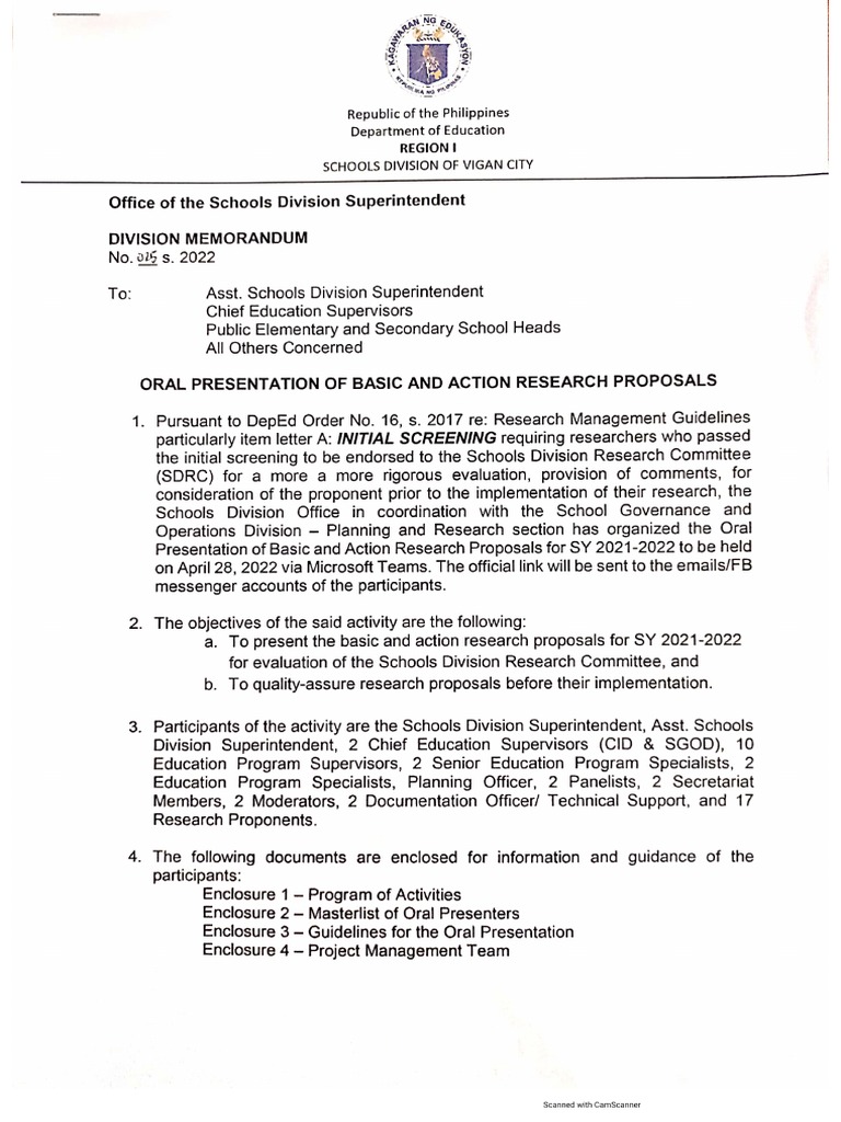 Division Memo No. 025 Oral Presentation of Basic and Action Research ...