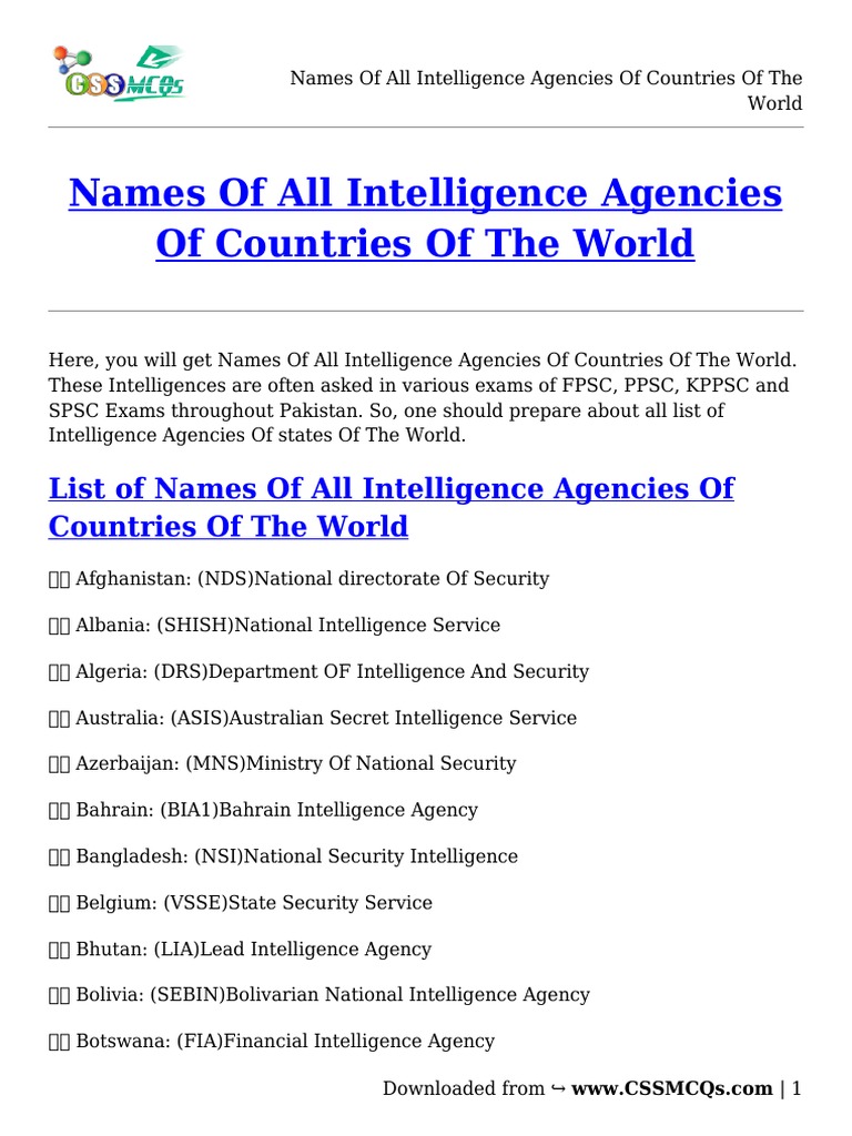 Global Intelligence Agencies List | PDF | Multiple Choice | Foreign ...