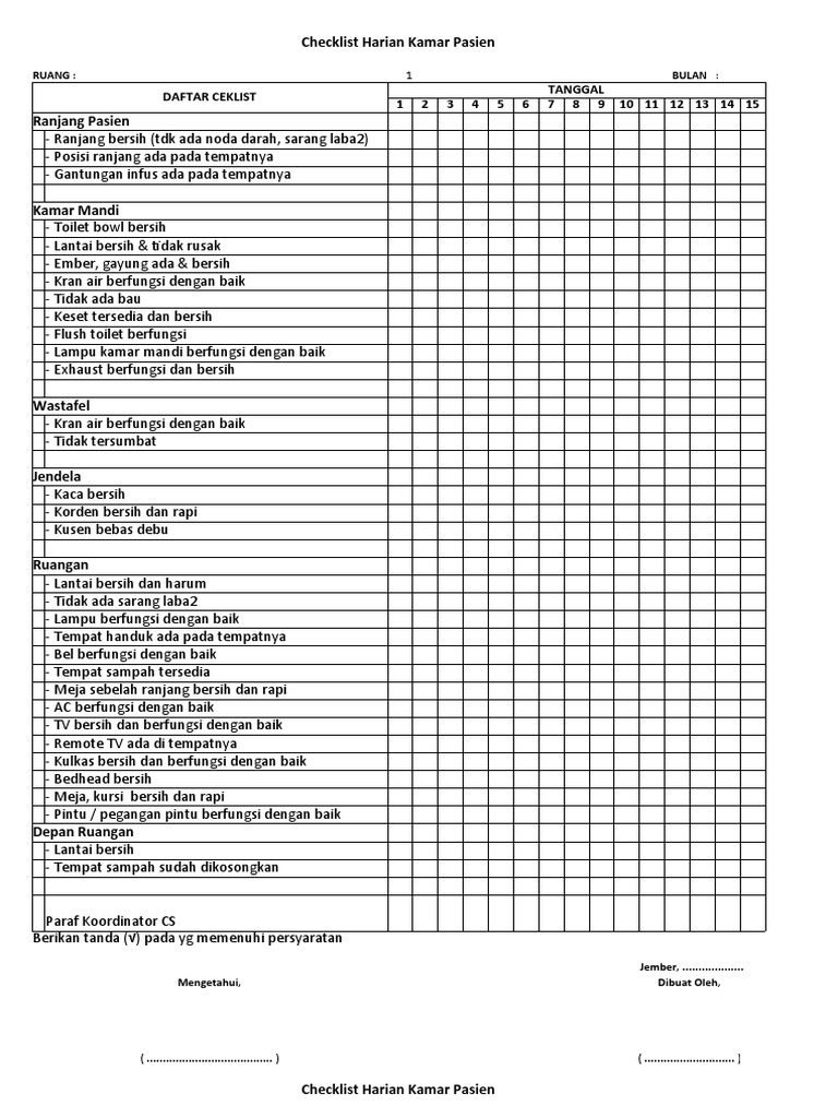 Checklist Kebersihan Kamar Pasien | PDF