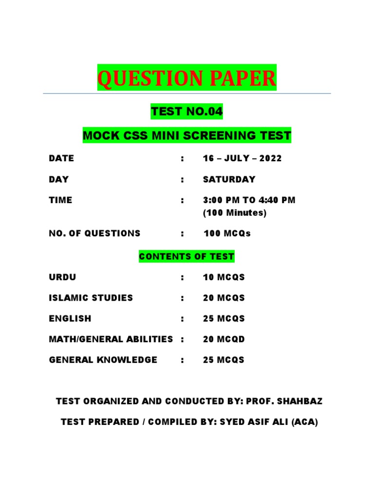 Question Paper: Test No.04 Mock Css Mini Screening Test | PDF ...